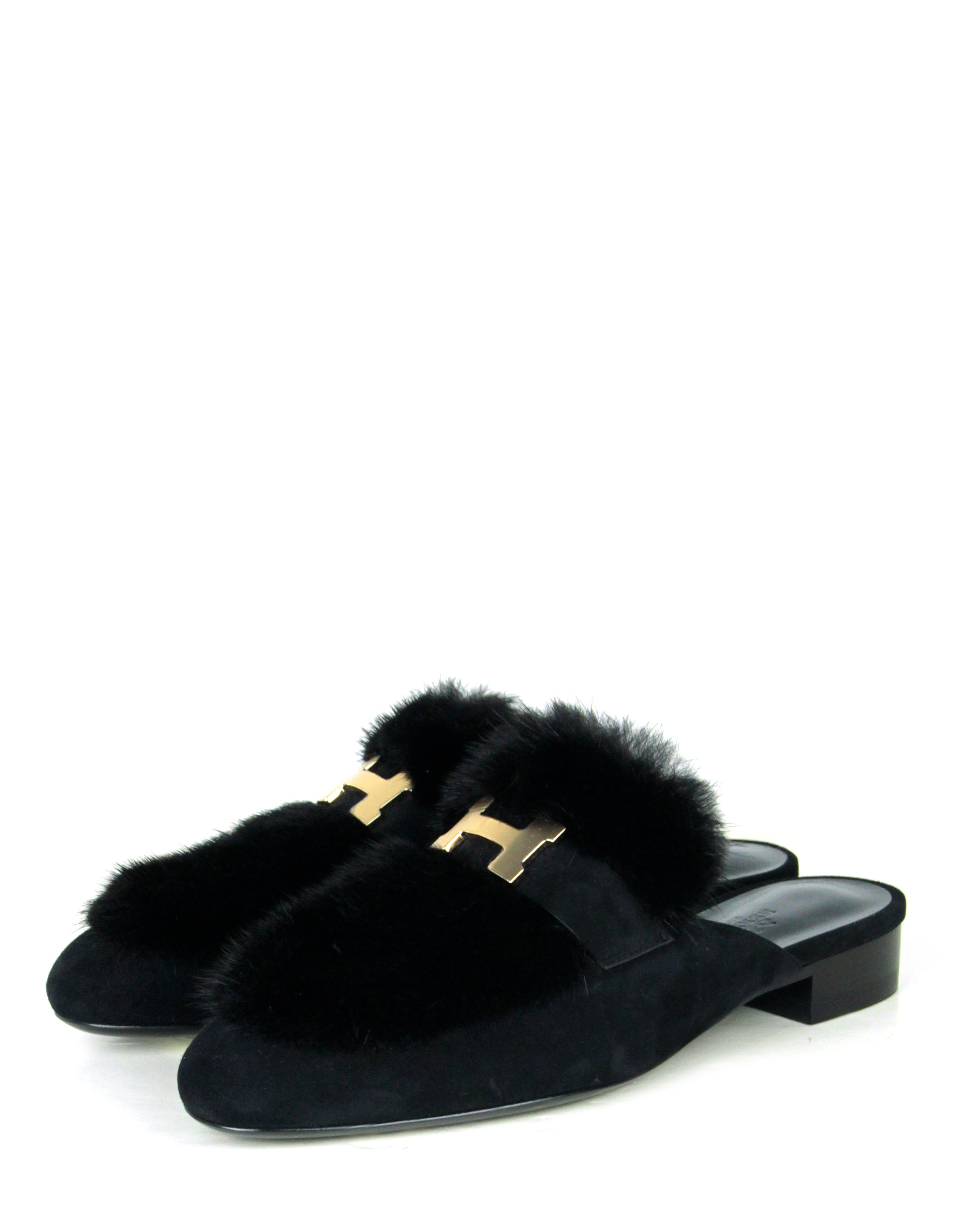 Hermes Black Mink/Velvet Goatskin Trocadero H Mules sz 37.5 – ASC Resale